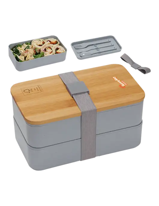 Double Decker Light Medium Grey Lunch Box w/Eco-Friendly FSC Bamboo Lid ...